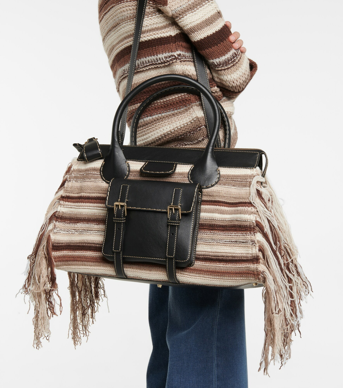 Chloe - Edith Large fringe-trimmed striped cashmere and leather tote Chloe