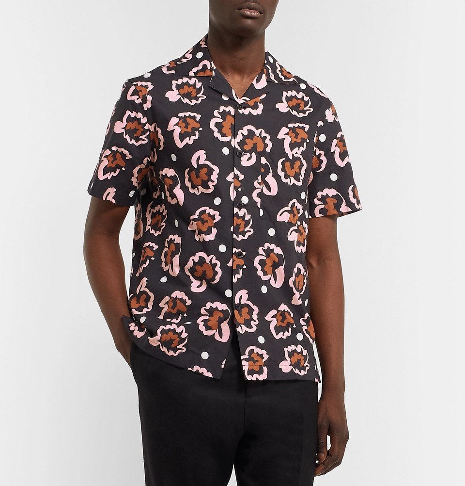 Mr P. - Camp-Collar Printed Cotton-Poplin Shirt - Black Mr P.