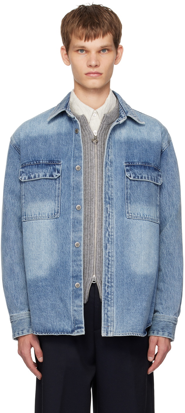 Solid Homme Blue Washed Back Logo Denim Shirt Solid Homme