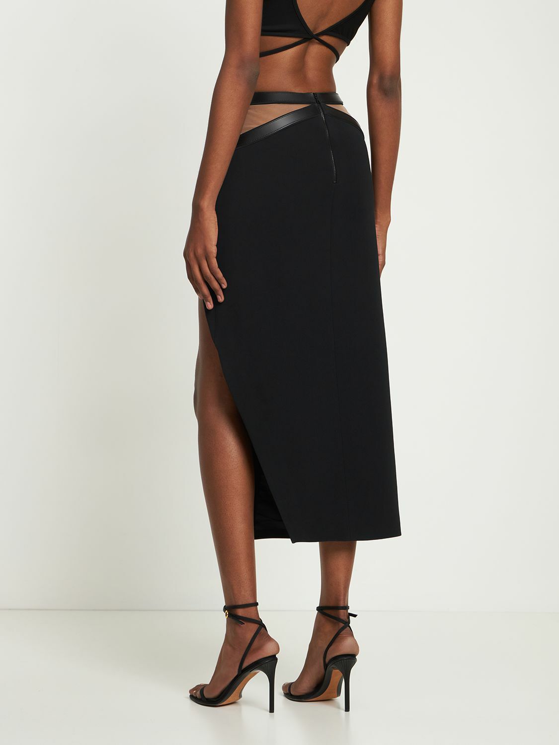 DAVID KOMA Leather Cross & Cady Arch Cut Midi Skirt David Koma