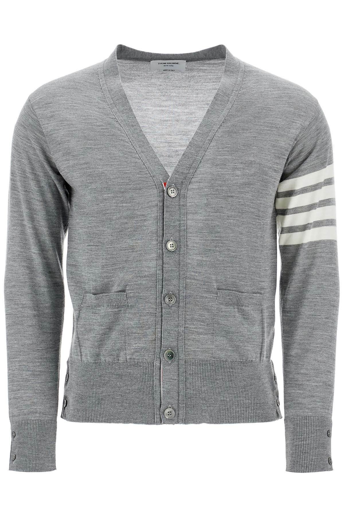 THOM BROWNE men's cardigan in pale grey merino wool with 4 white ...