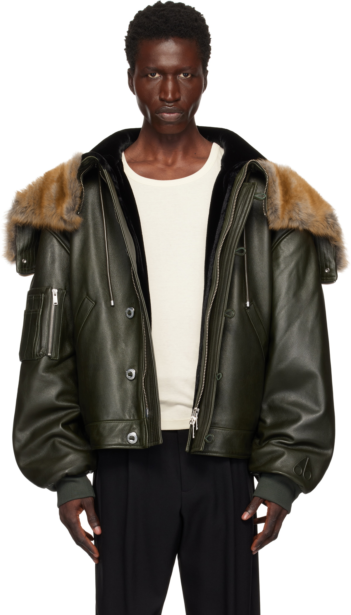 Moose Knuckles Green AJR Split Hood Leather Bomber Jacket Moose Knuckles