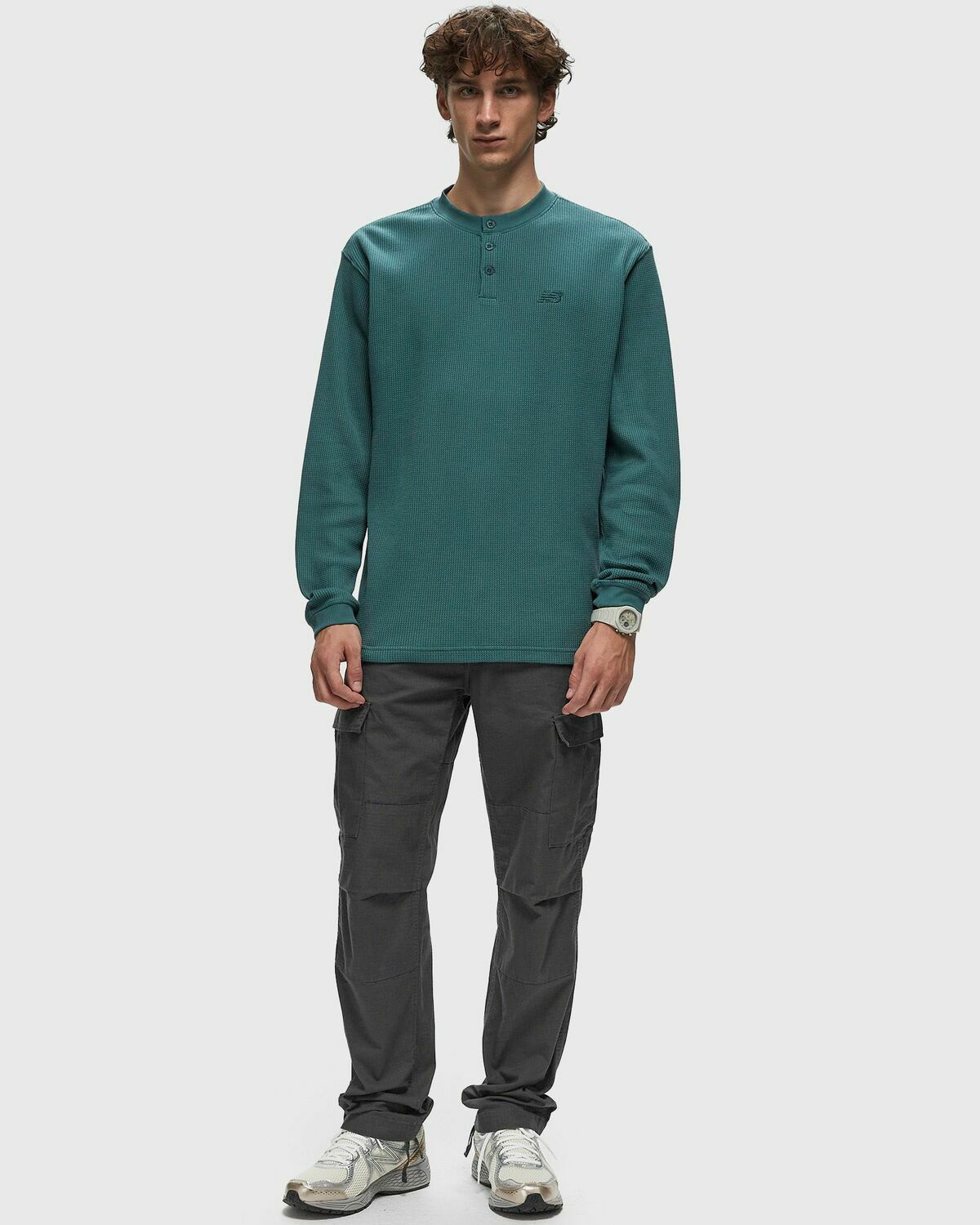 New Balance Waffle Knit Long Sleeve Henley Green - Mens - Longsleeves ...