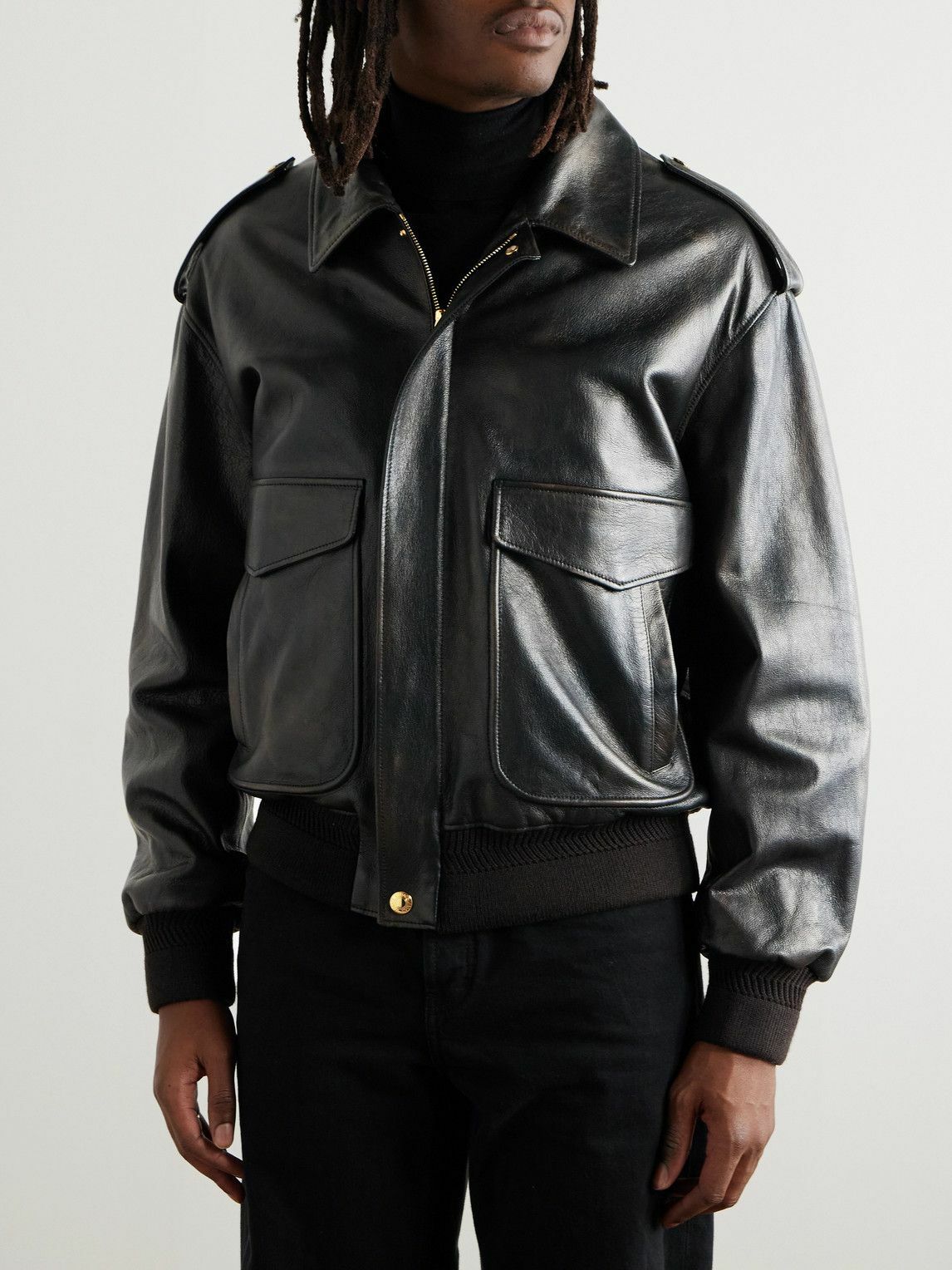 Versace - Shearling-Trimmed Logo-Embossed Leather Jacket - Brown Versace
