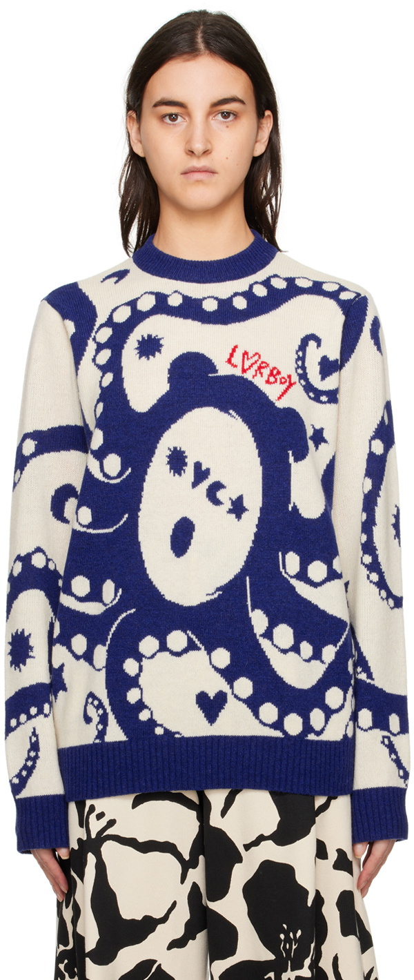 Charles Jeffrey LOVERBOY Blue & White Intarsia Sweater Charles Jeffrey ...