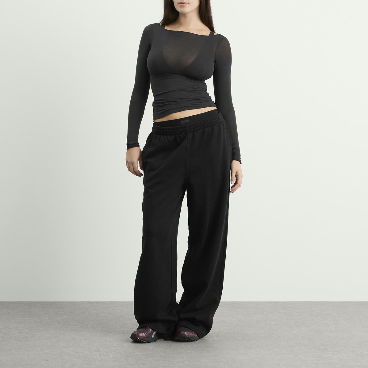 SKIMS Women's Sheer Modal Long Sleeve Wide Neck Top in Onyx SKIMS