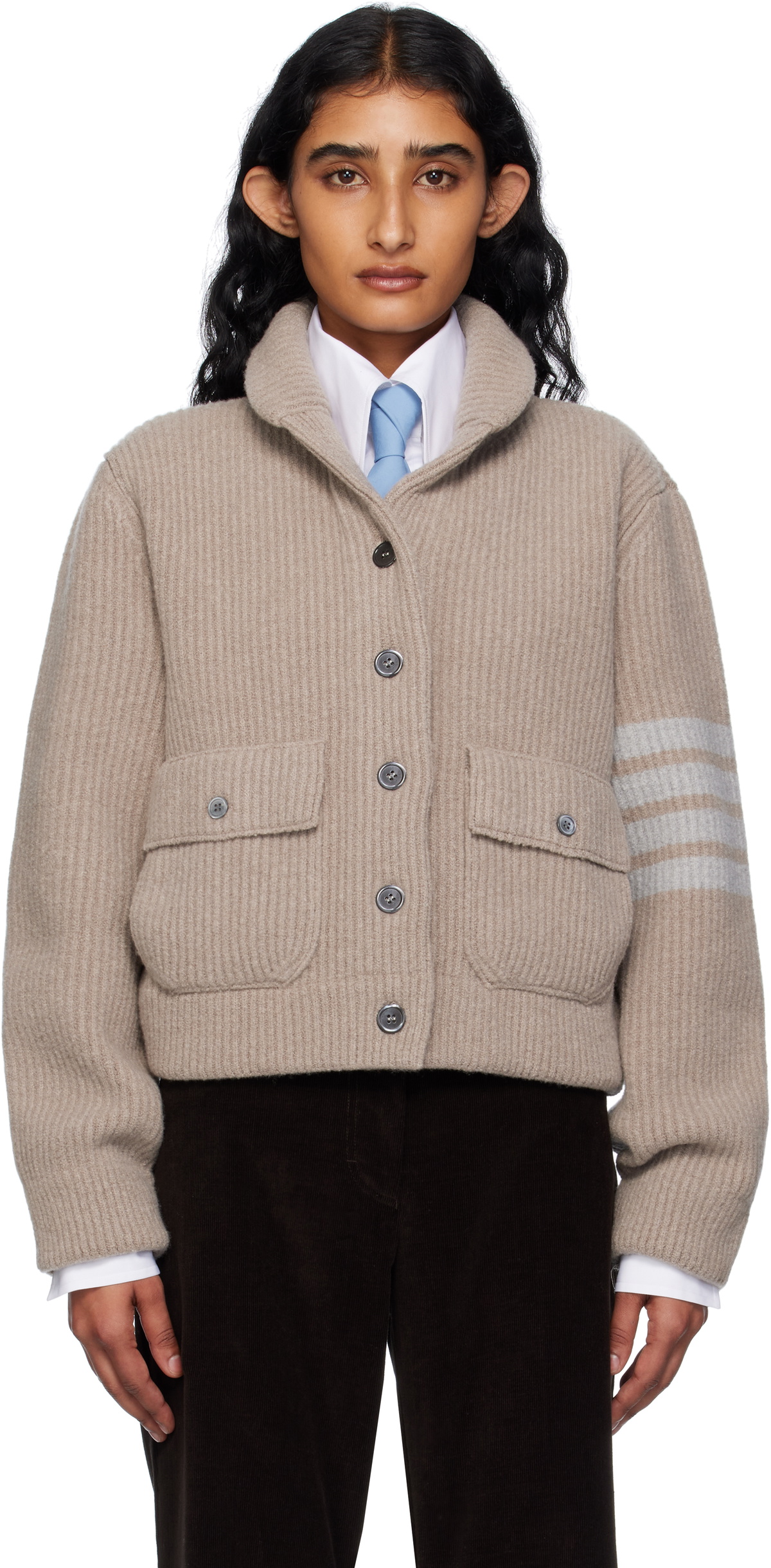 Thom Browne Beige Boiled Merino Wool 4-Bar Bomber Cardigan Thom Browne