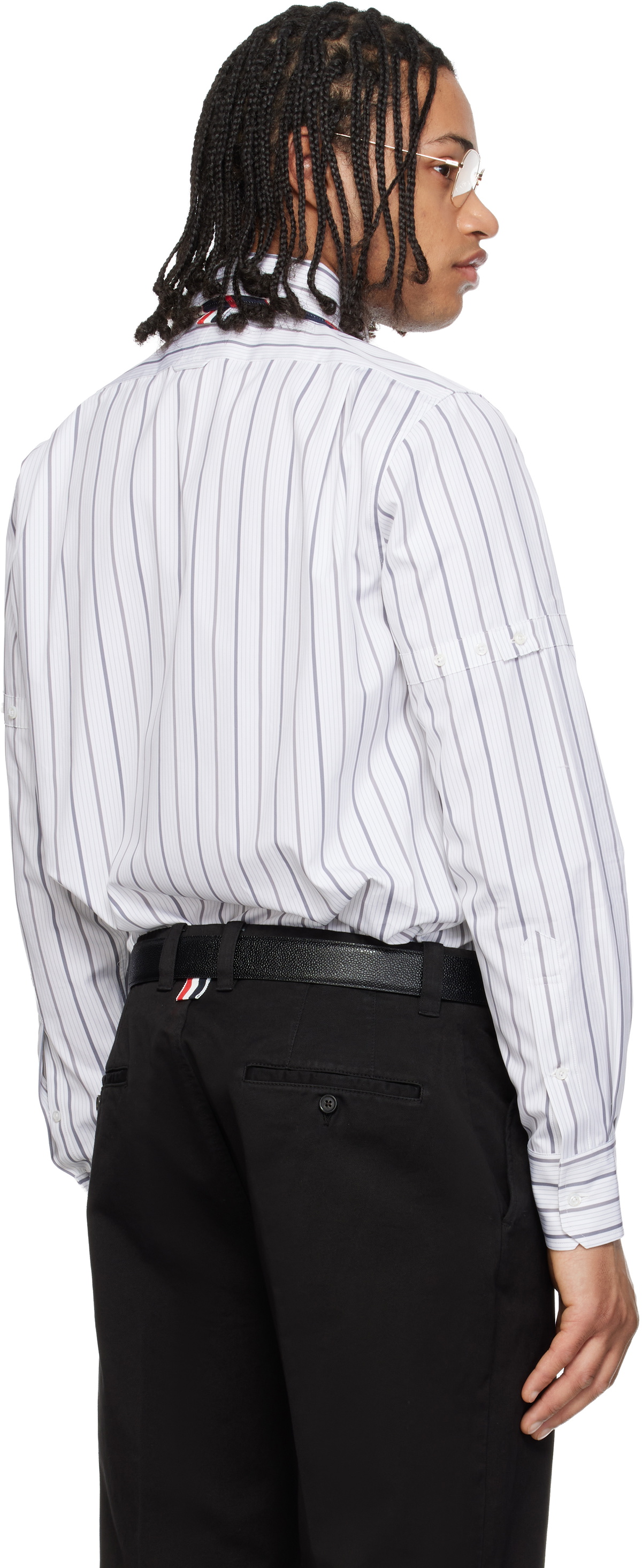 Thom Browne Gray & White Straight Fit Pop Over Self Armband Shirt Thom ...