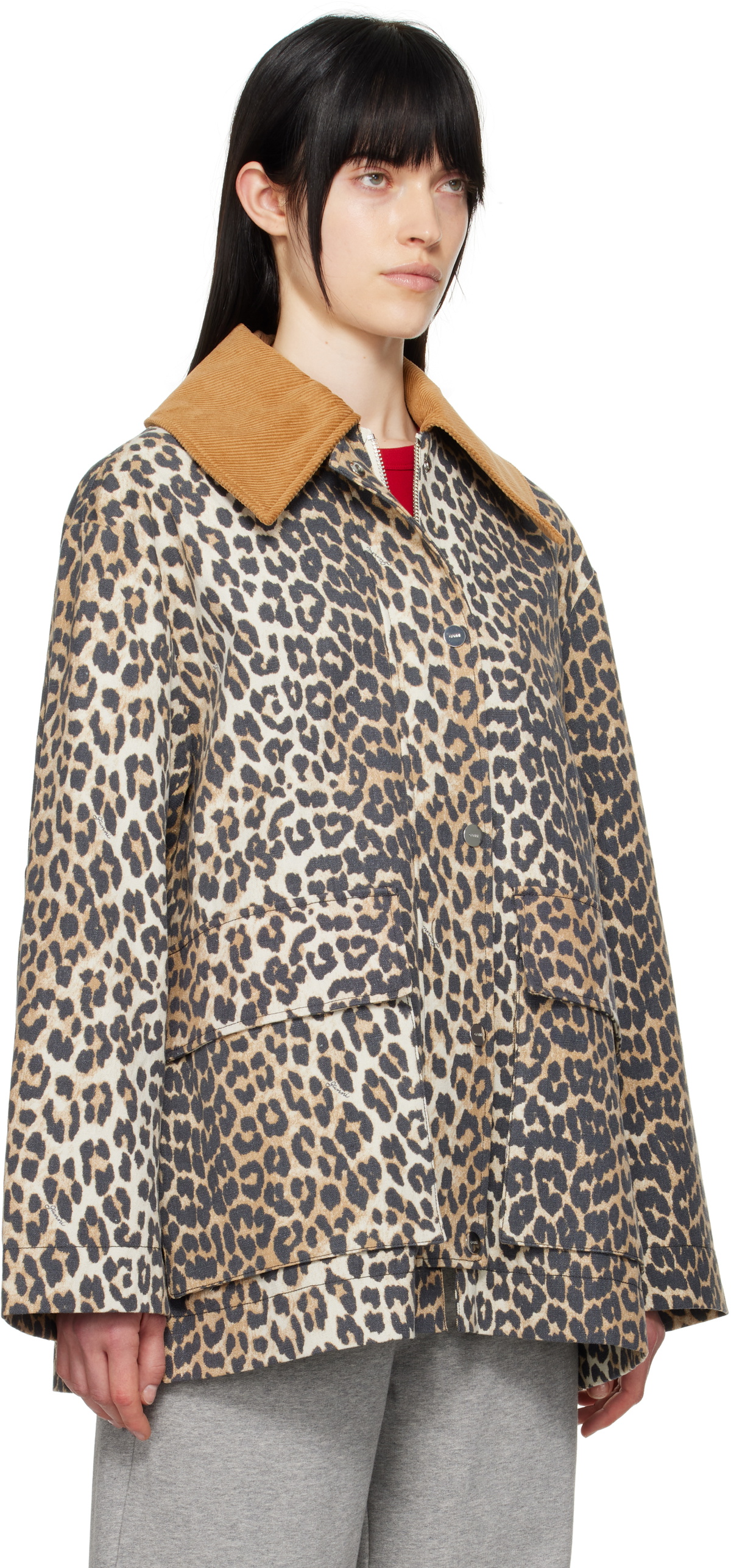 GANNI Brown Leopard Printed Canvas Midi Jacket GANNI