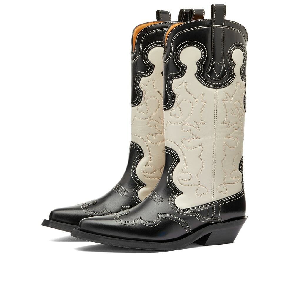 GANNI Women's Mid Shaft Embroidered Western Boot in Black/Egret GANNI