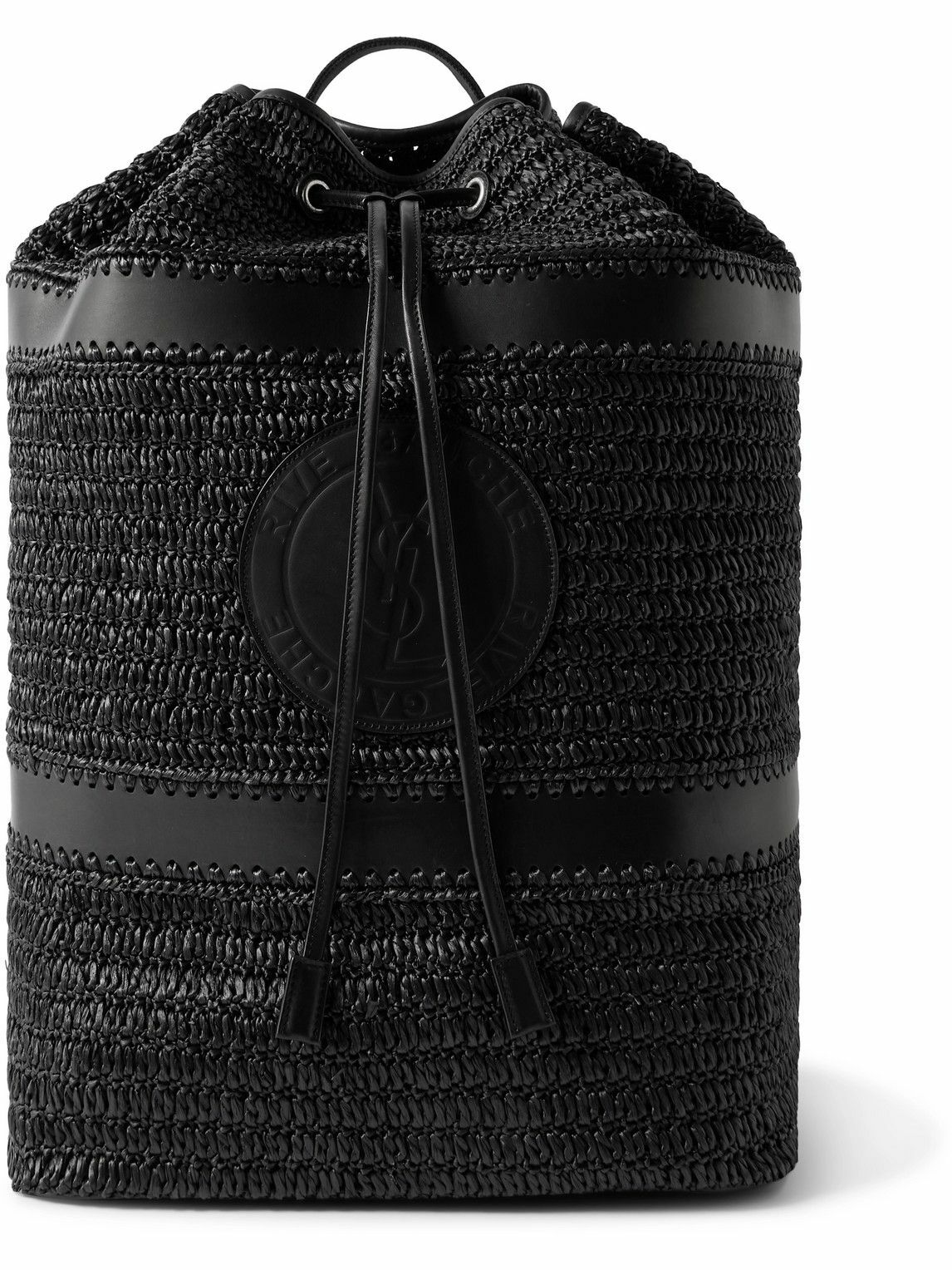 SAINT LAURENT - Rive Gauche Logo-Debossed Leather-Trimmed Raffia ...