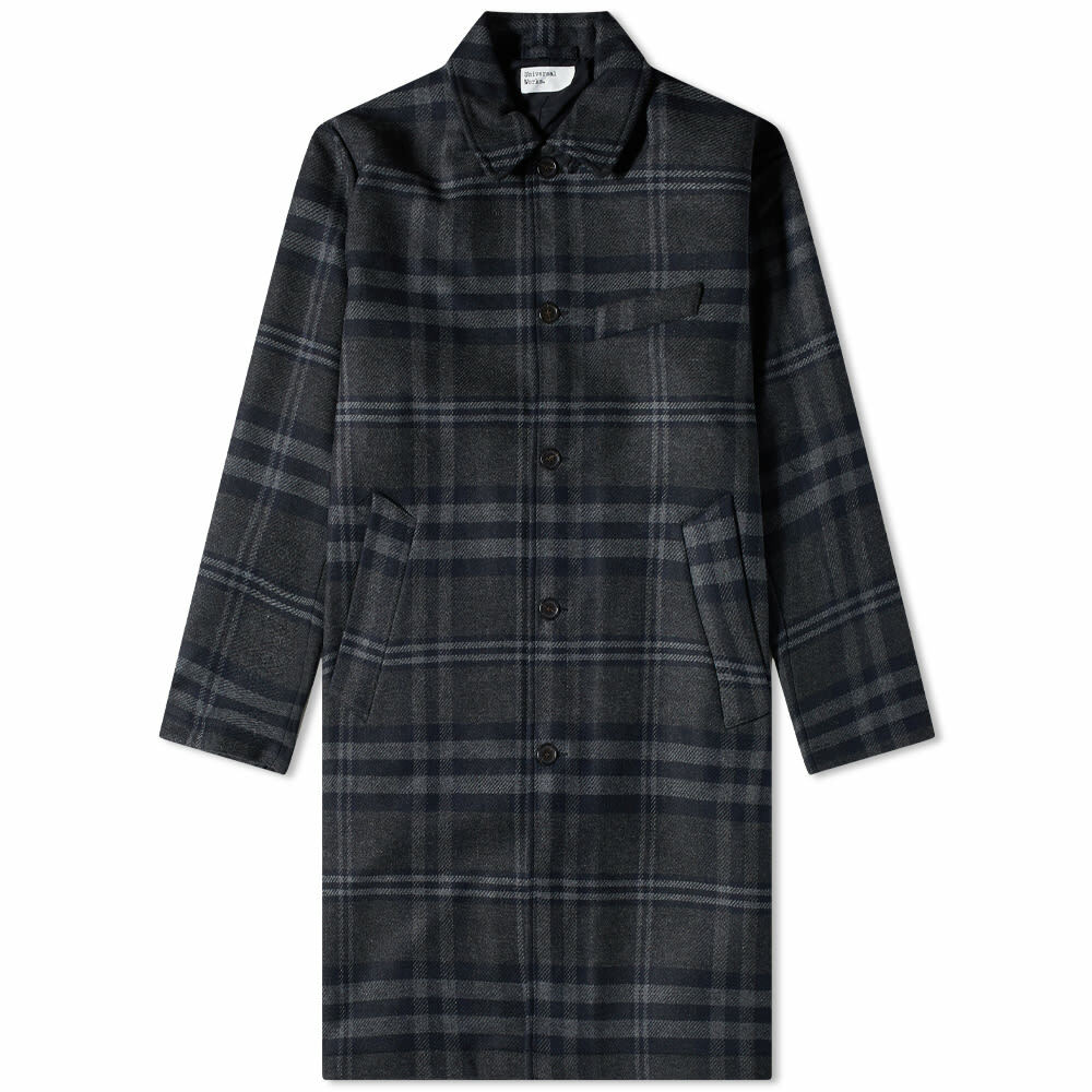 Universal Works Men's Swing Check Overcoat in Grey Universal Works