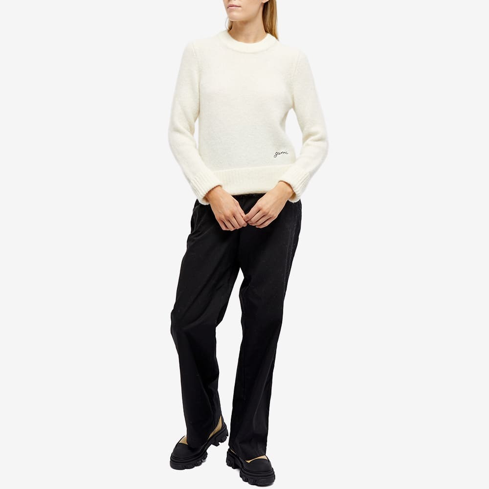 GANNI Women's Brushed Aplaca O-Neck Logo Knit in Egret GANNI