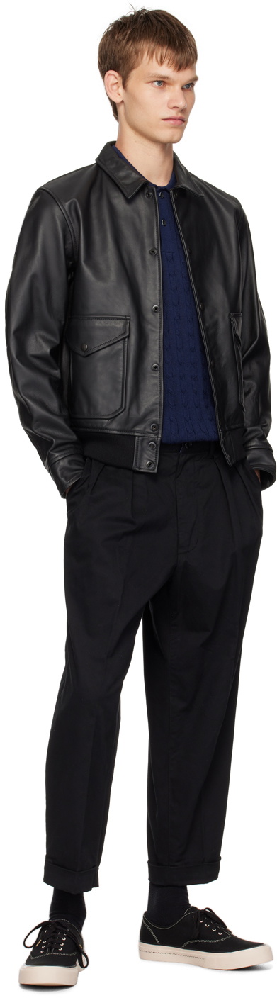 BEAMS PLUS Black Military Leather Bomber Jacket Beams Plus