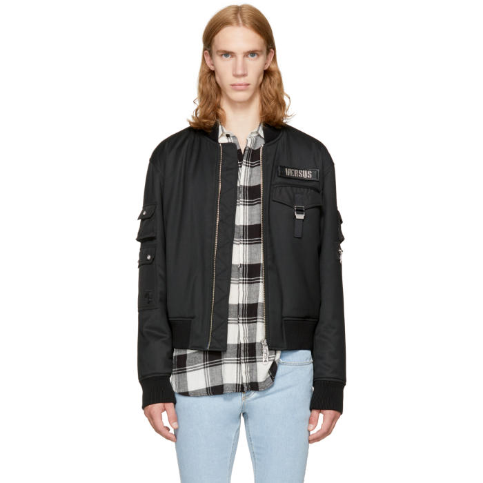 Versus Black Logo Patch Bomber Jacket Versus