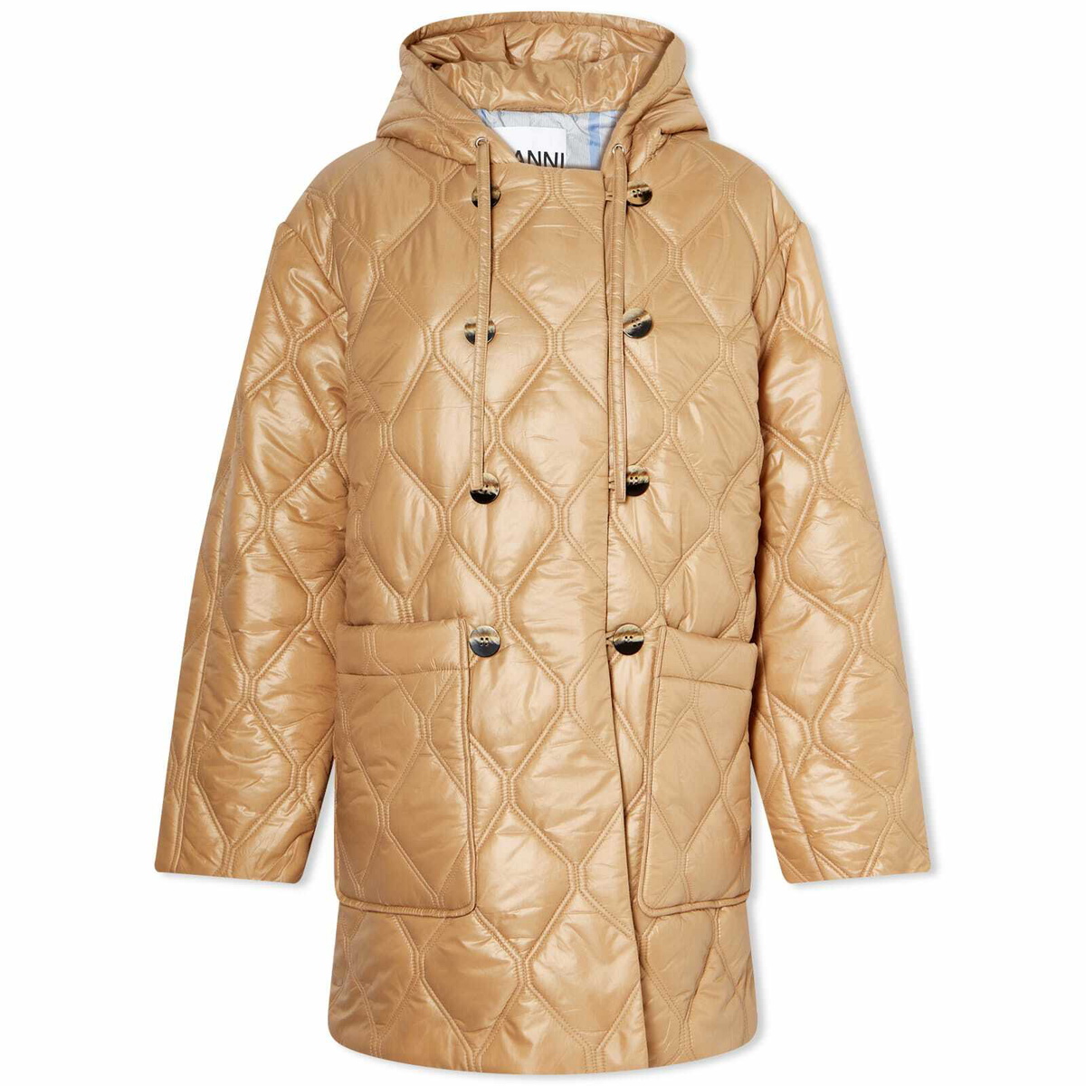 GANNI Women's Shiny Quilt Hooded Jacket in Tanin GANNI