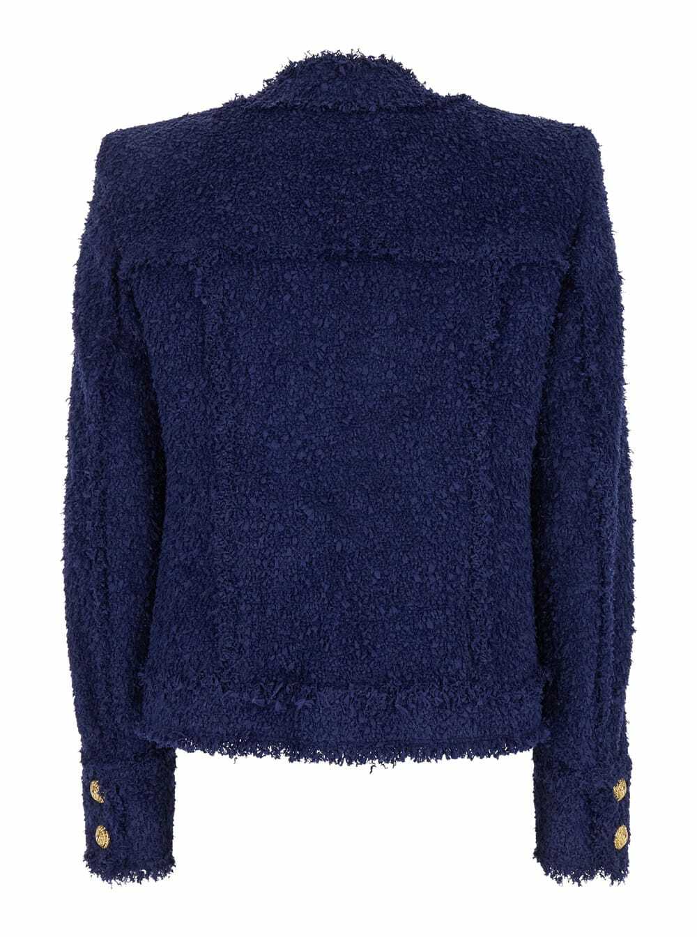 Balmain Blue Collarless Jacket With Gold Buttons In Tweed Woman Balmain