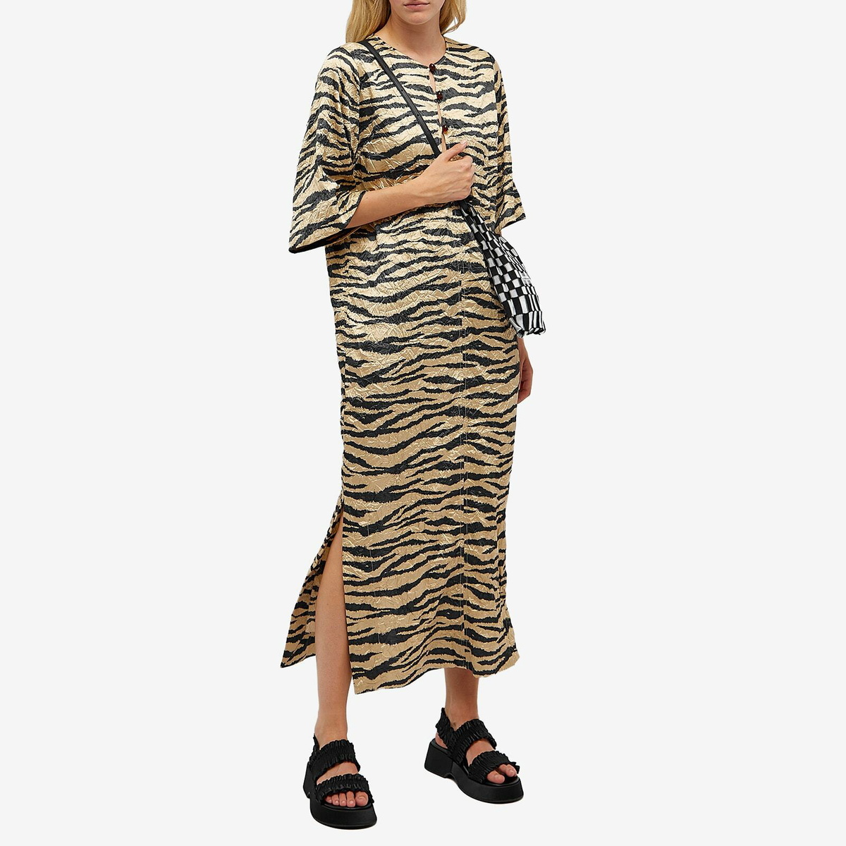 GANNI Women's Crinkled Satin Maxi Dress in Pale Khaki GANNI