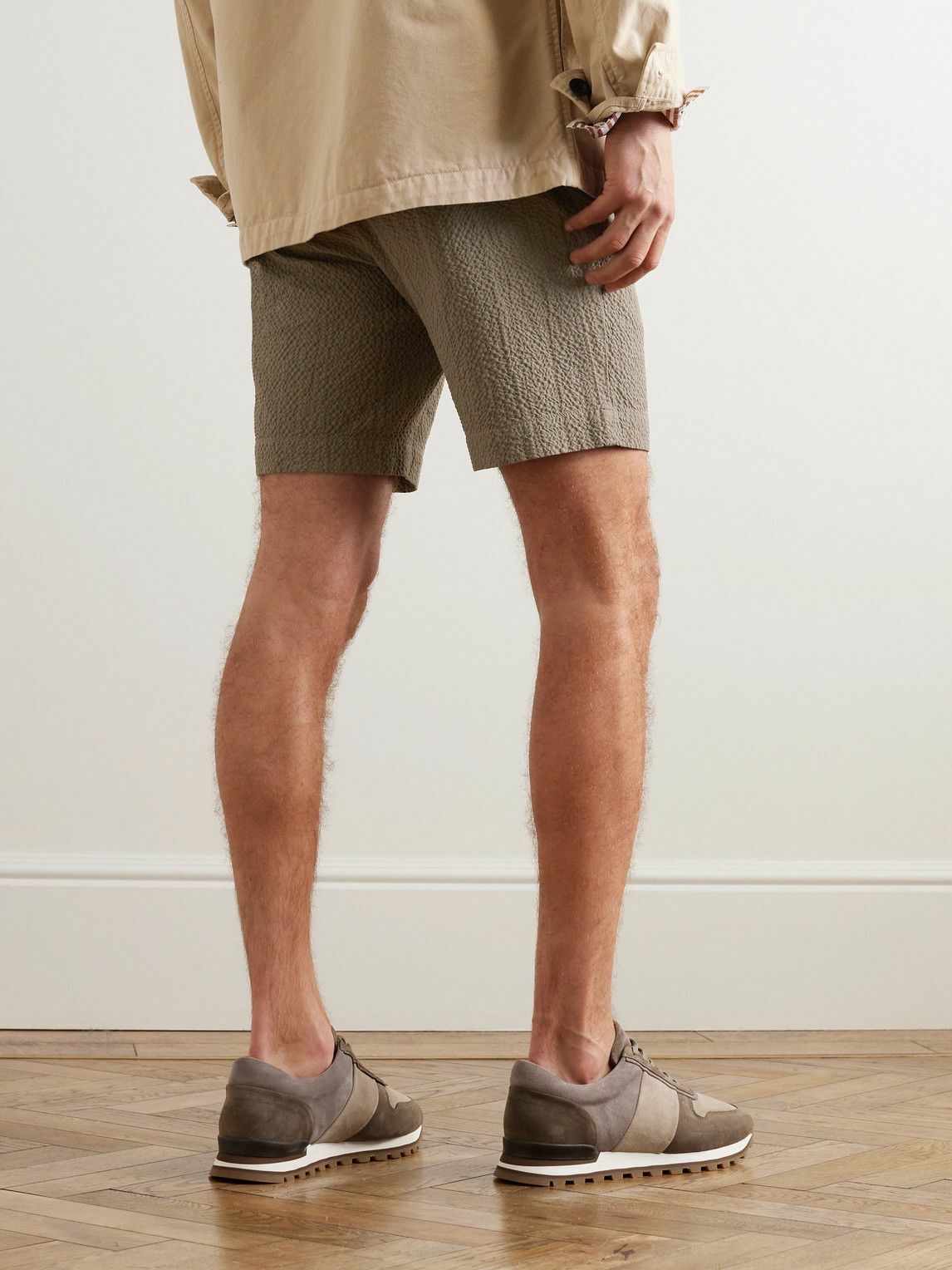 Mr P. - Slim-Fit Straight-Leg Stretch-Cotton Seersucker Shorts - Brown ...