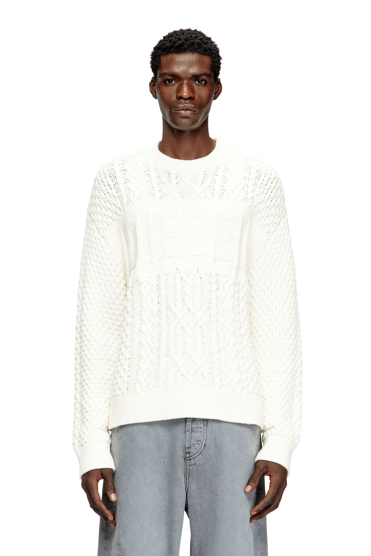 Diesel Cable-knit jumper with Diesel logo - Knitwear Mens in White Diesel