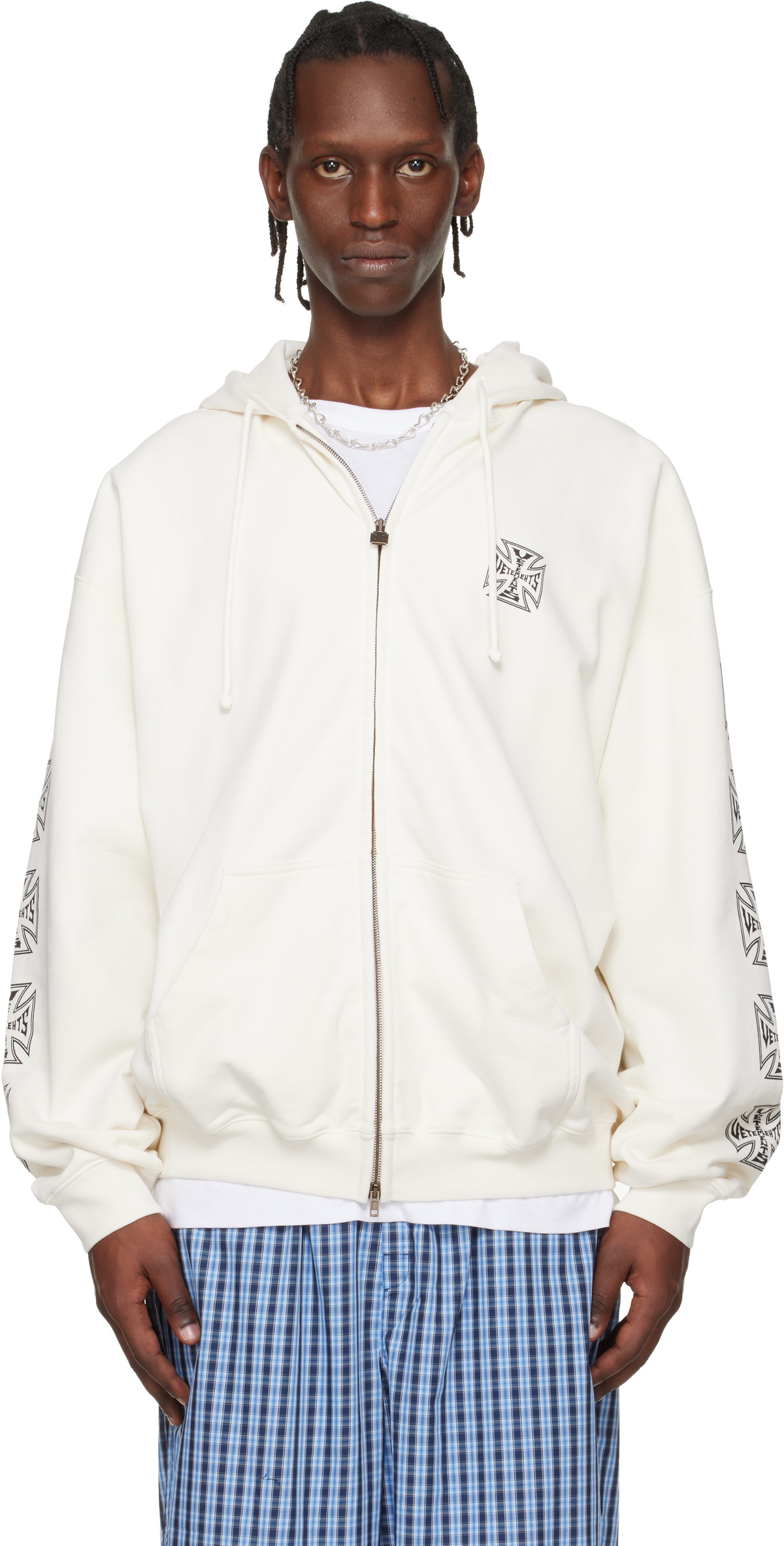 VETEMENTS Off-White Biker Cross Sleeves Zip-Up Hoodie Vetements