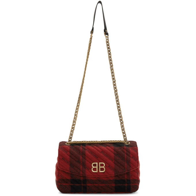 Balenciaga Red and Black Medium Plaid BB Round Bag Balenciaga