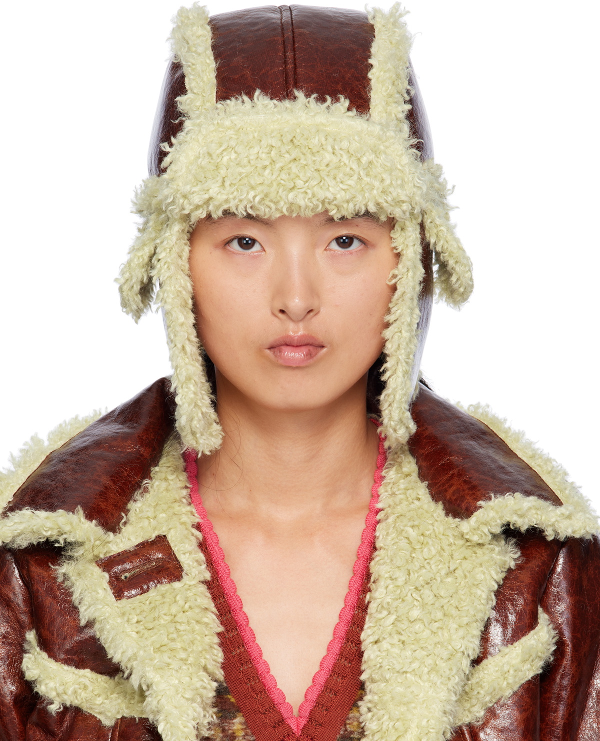 Anna Sui Brown Faux-Leather Curly Aviator Hat Anna Sui