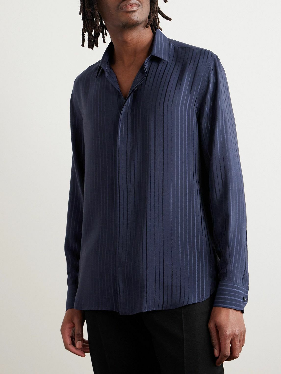 SAINT LAURENT - Striped Silk Shirt - Blue Saint Laurent