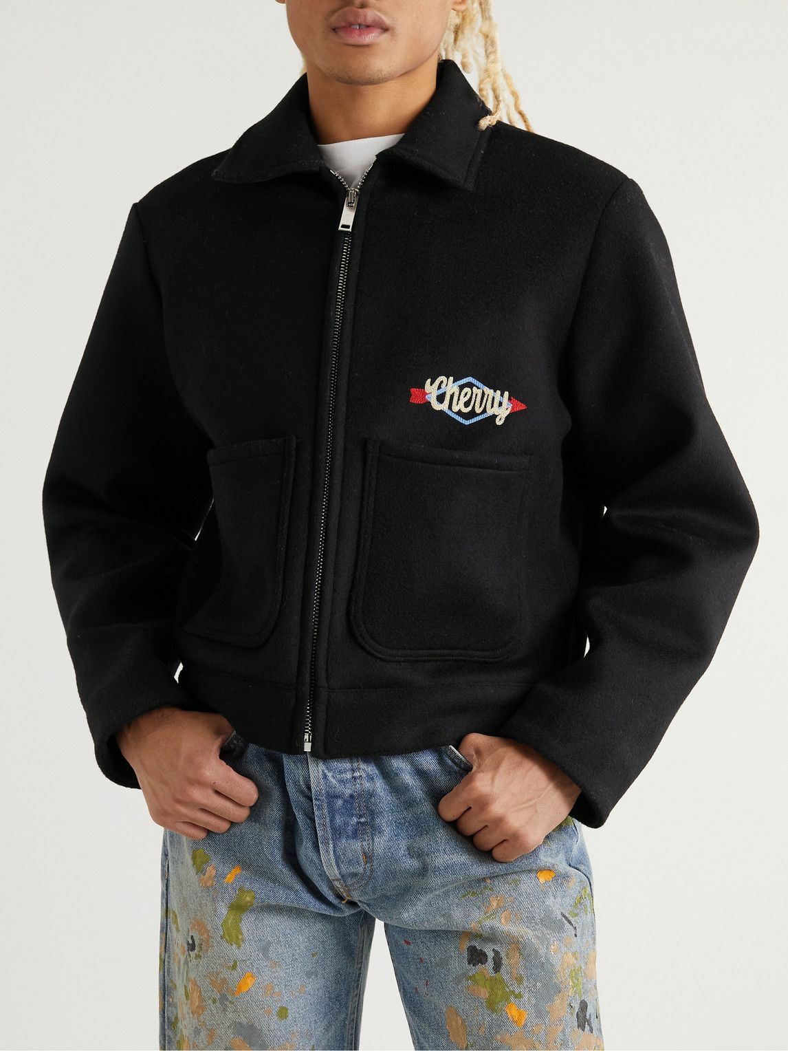 CHERRY LA - Logo-Embroidered Wool-Blend Felt Jacket - Black CHERRY LA