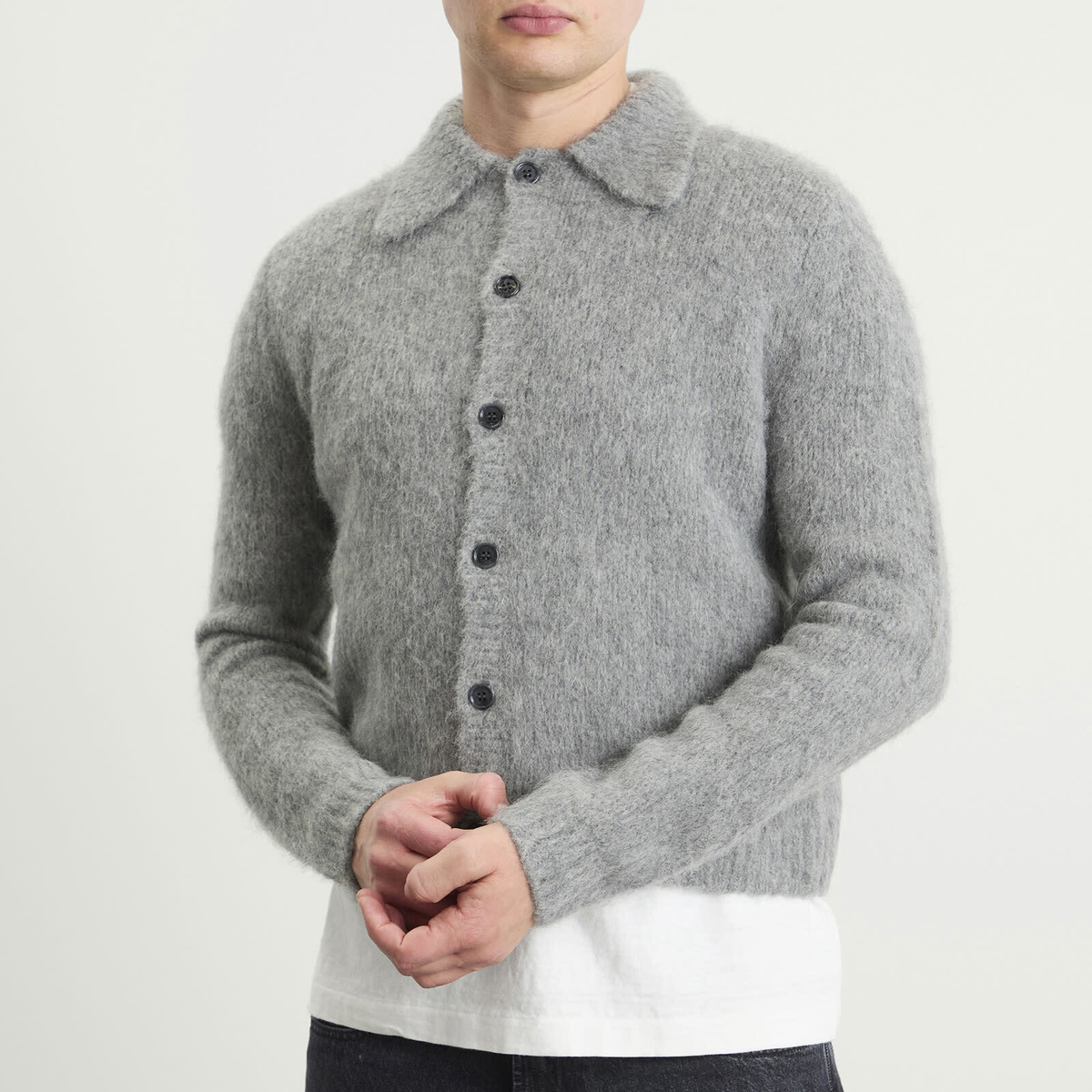Dries Van Noten Men's Alpaca Wool Knitted Polo in Mid Grey Dries Van Noten