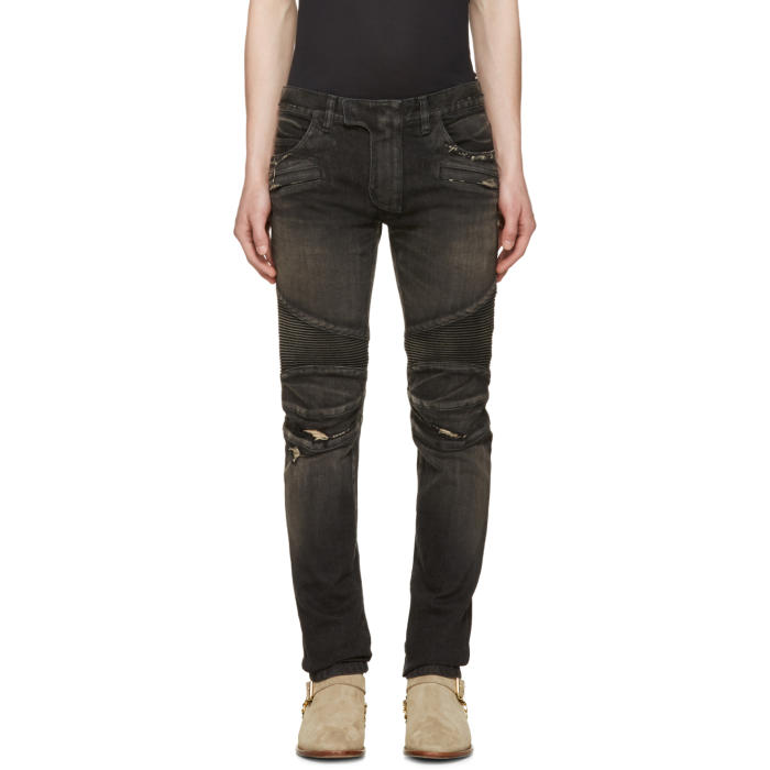 Balmain Black Distressed Biker Rib Jeans Balmain