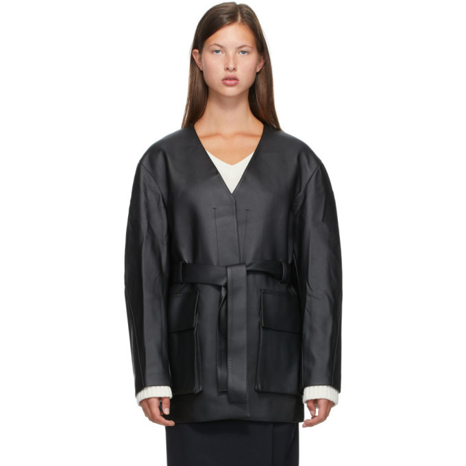 LOW CLASSIC Black No Collar Faux-Leather Jacket Low Classic