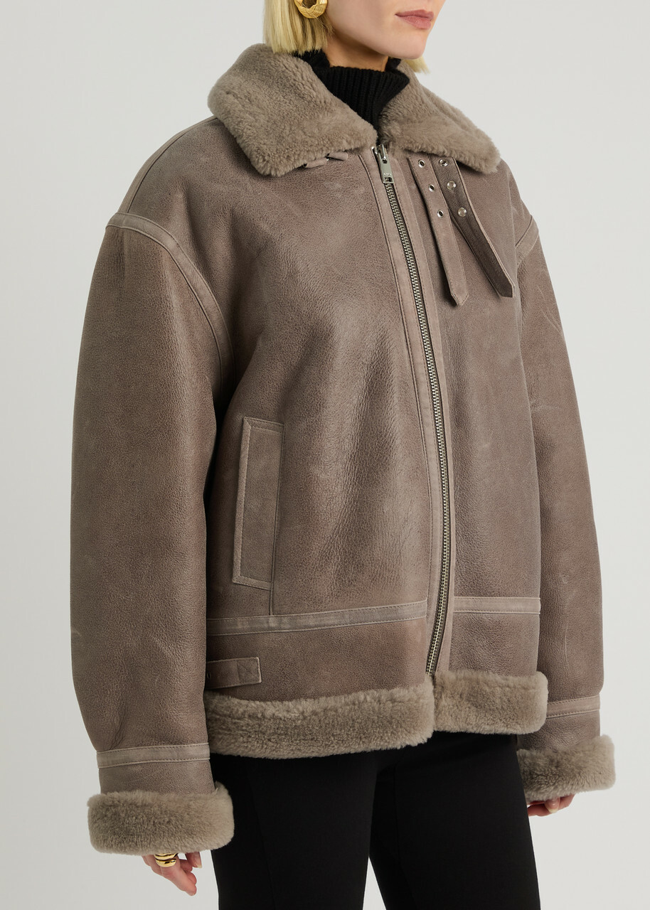 Arma Sona Shearling-trimmed Leather Aviator Jacket Taupe Armaf