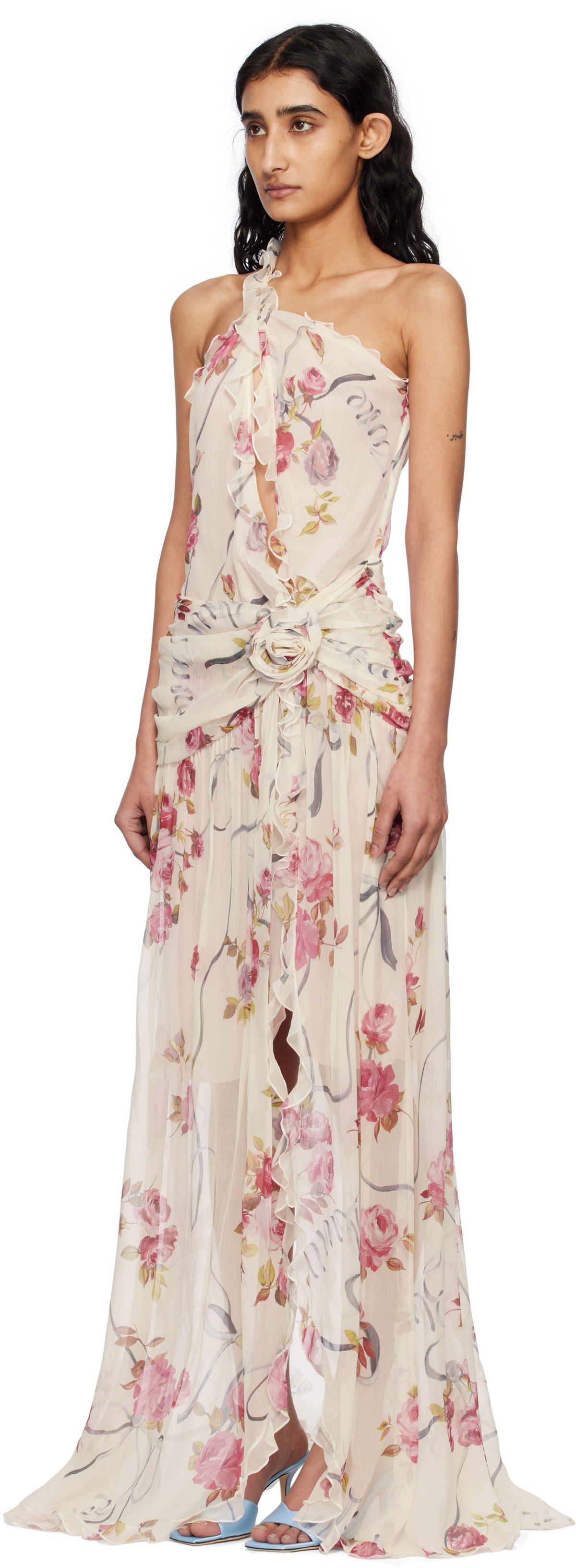Blumarine Off-White & Pink One-Shoulder Creponne Maxi Dress Blumarine