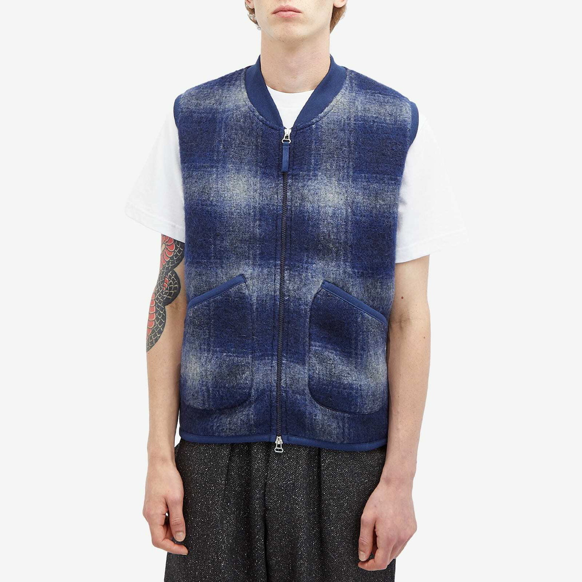 Universal Works Men's Check Wool Fleece Zip Waistcoat in Navy/Grey ...