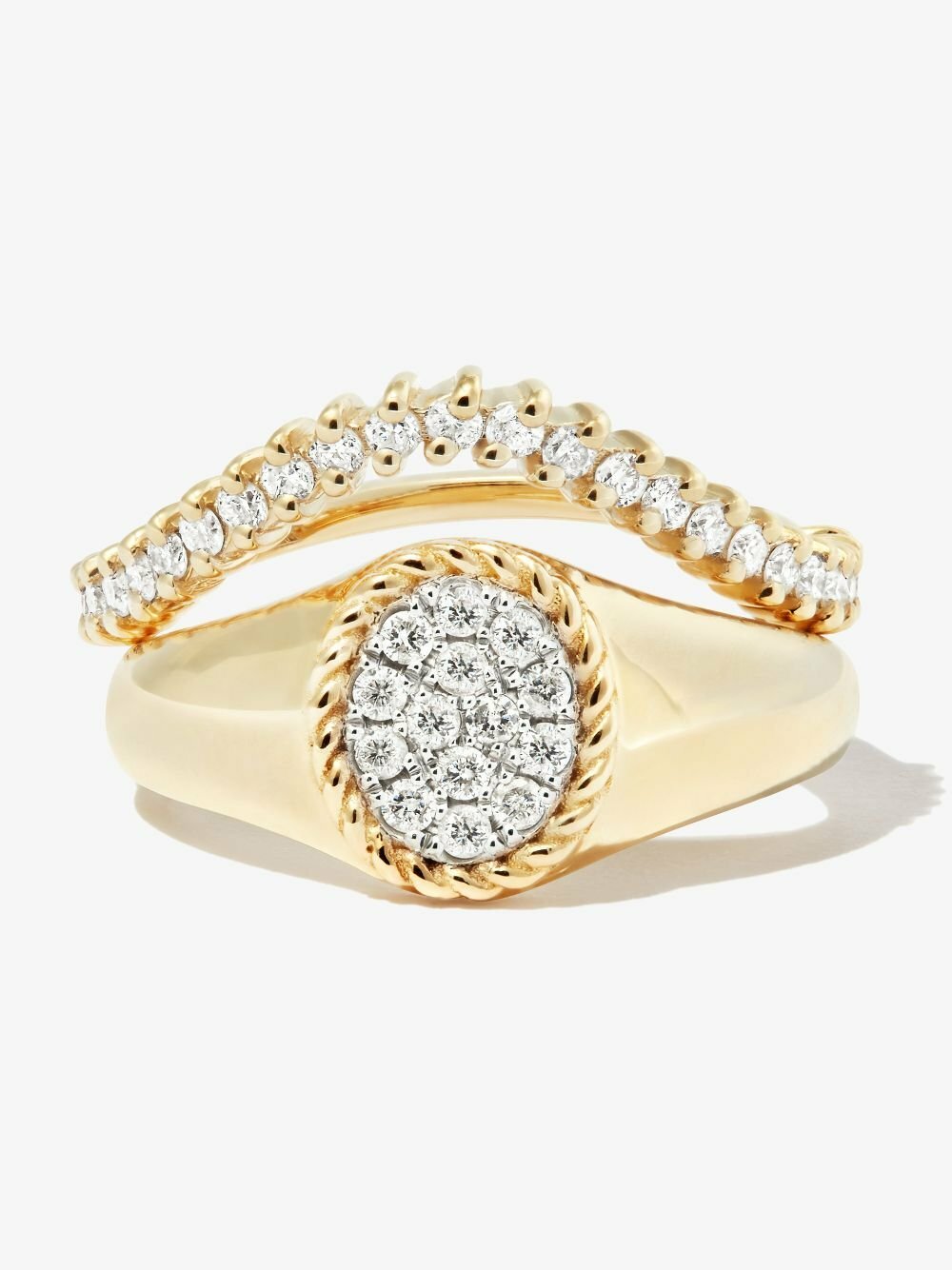 Yvonne Léon 9K Yellow Gold Coeur & Vague Diamond Signet Ring Set Yvonne ...