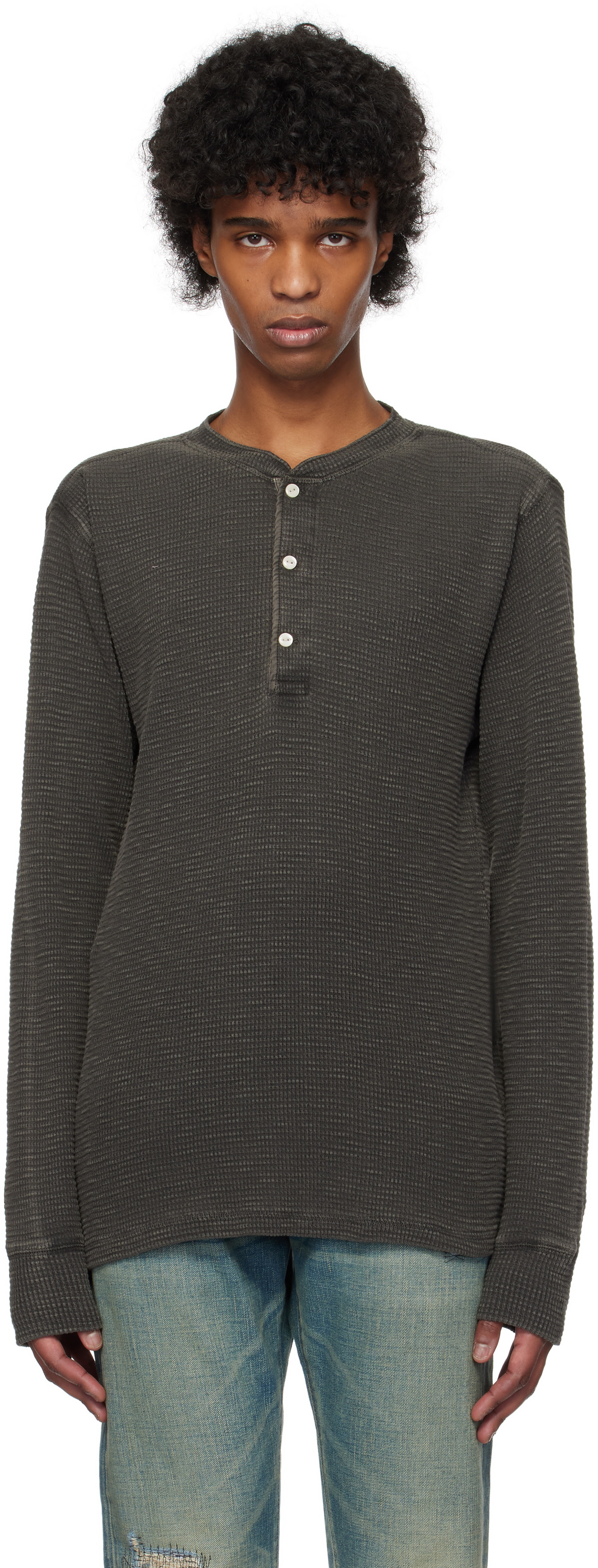 RRL Black Waffle-Knit Henley RRL