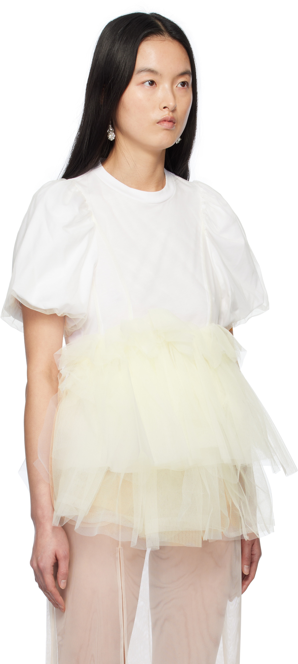 Simone Rocha White Tulle Overlay Puff Sleeve Tutu Hem T-shirt Simone Rocha