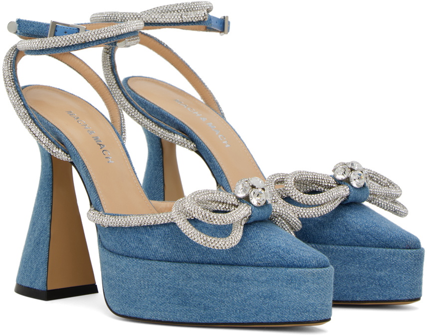 MACH & MACH Blue Double Bow Platform Denim Heels MACH & MACH