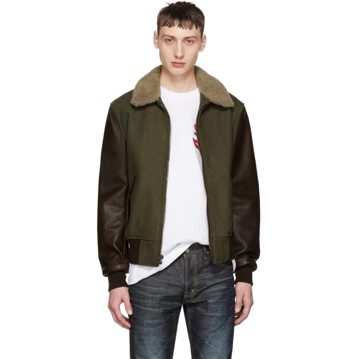 Schott Green Wool and Leather Bomber Jacket Schott