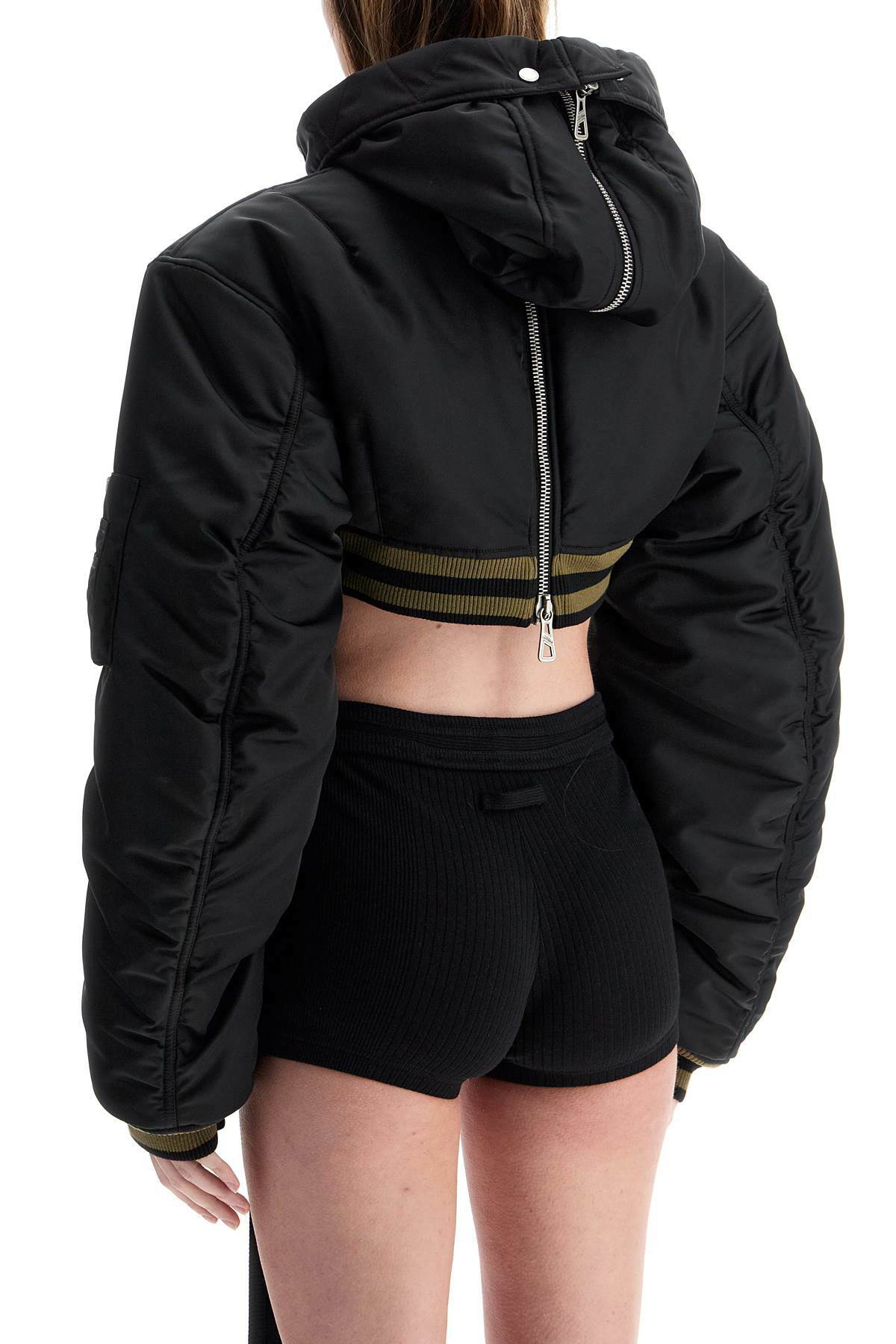 JEAN PAUL GAULTIER cropped black nylon padded bomber jacket with hood ...
