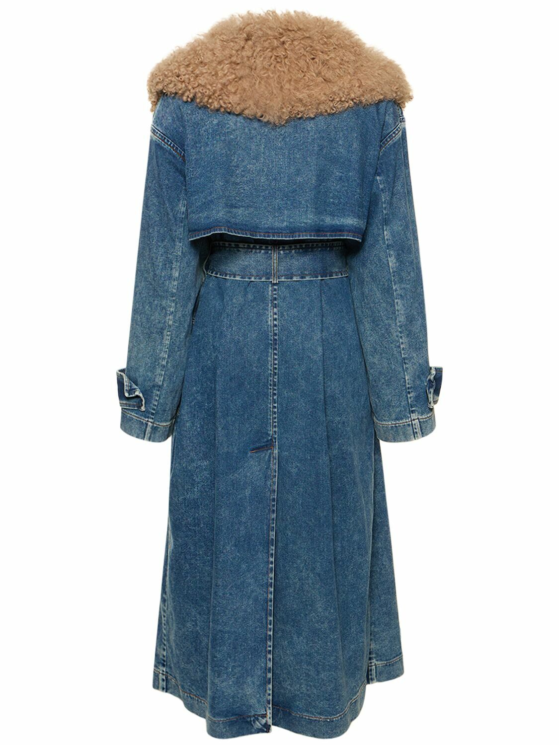 BLUMARINE - Shearling & Denim Long Trench Coat Blumarine