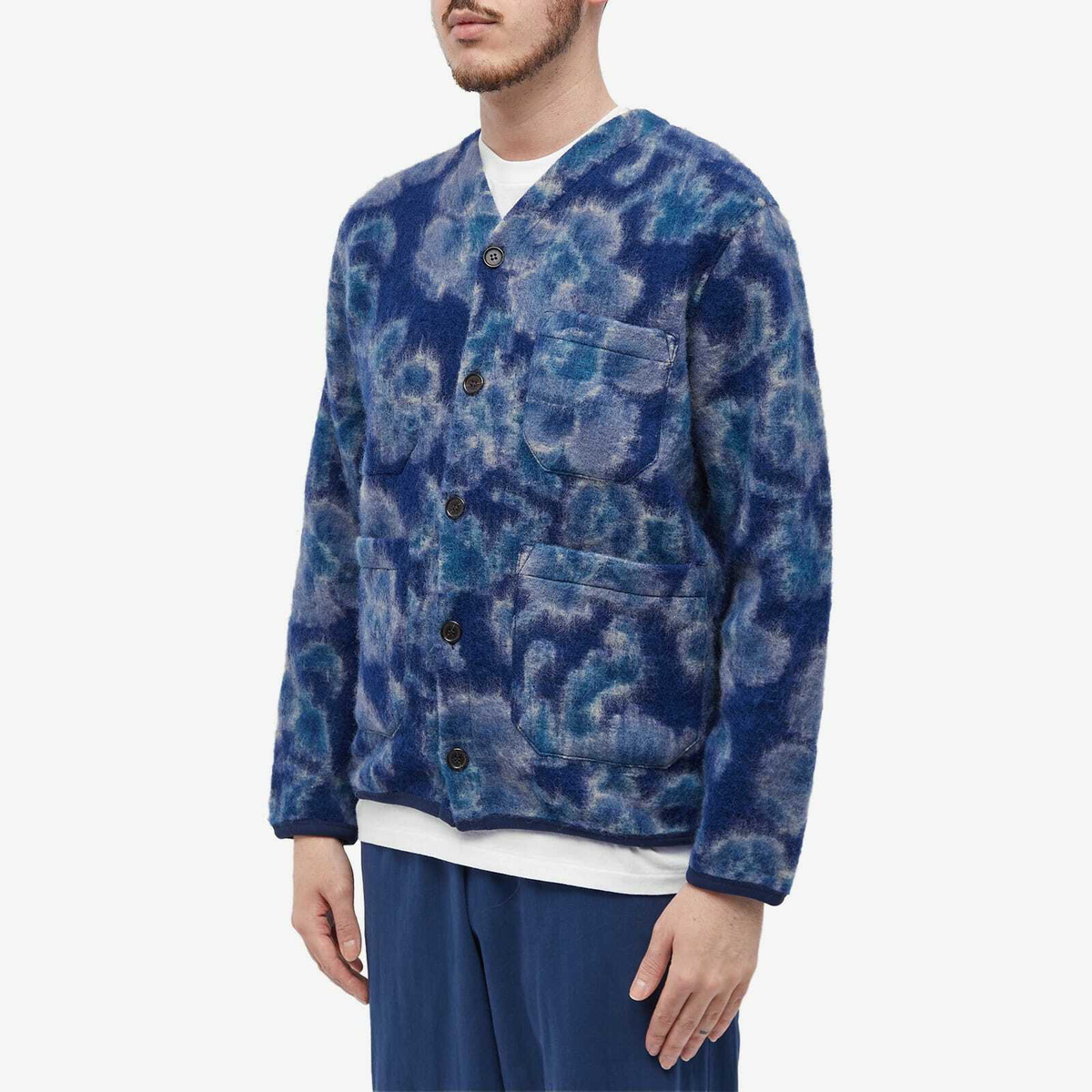 Universal Works Men's Flower Wool Fleece Cardigan in Navy Universal Works