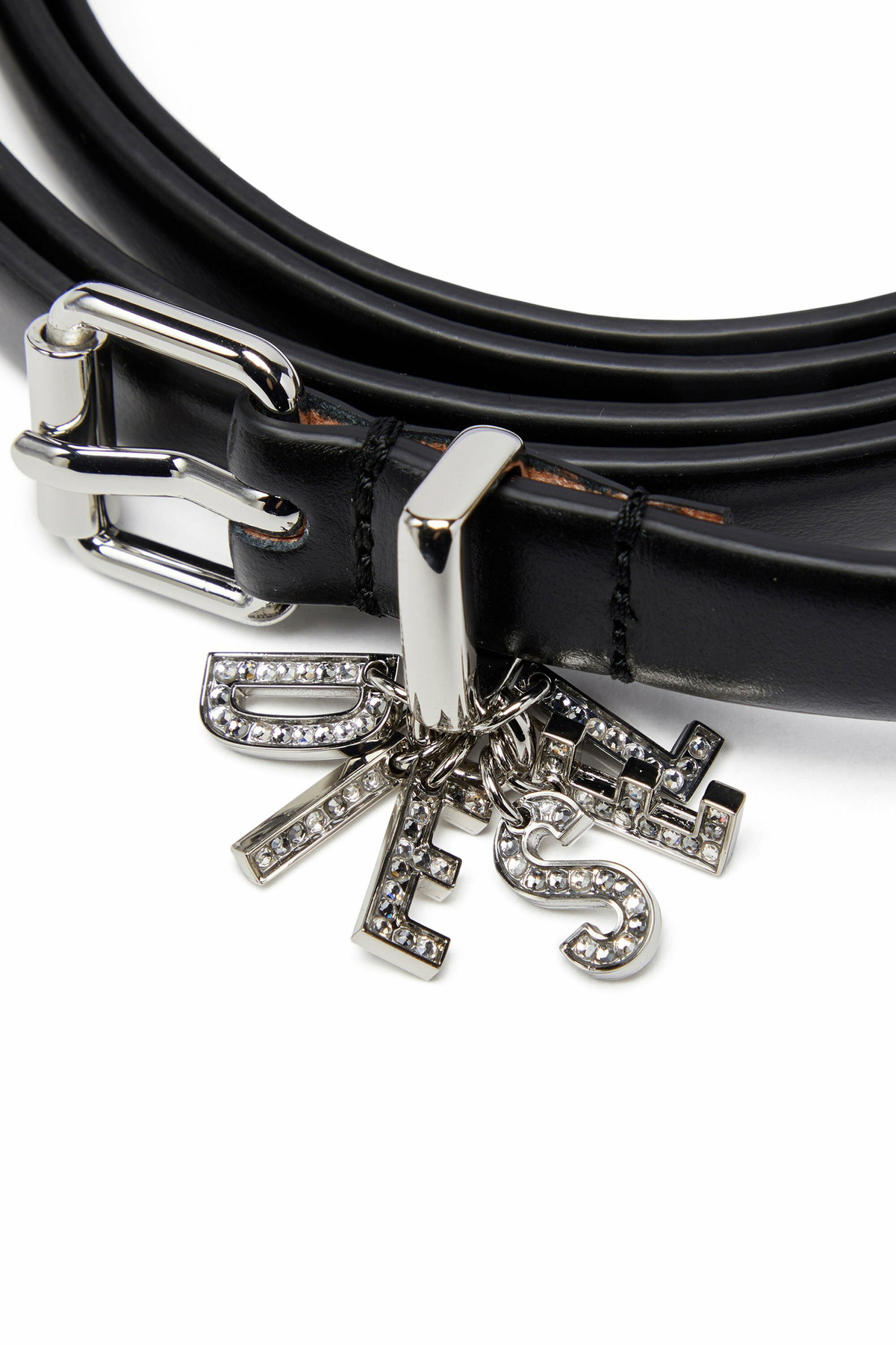 Diesel Leather belt with crystal logo charms - Belts Womens in Black Diesel