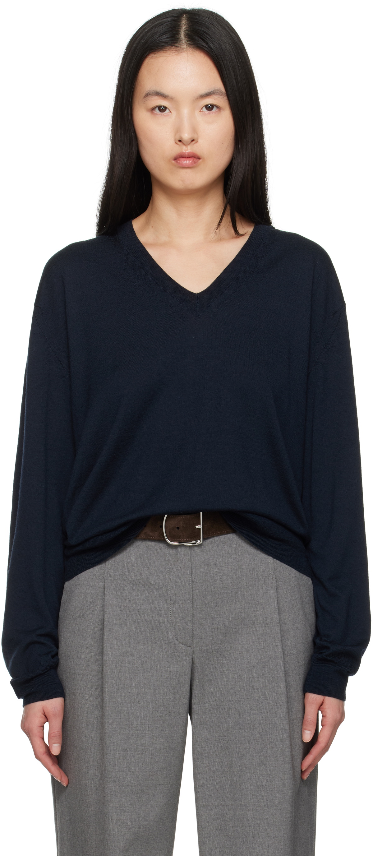 AURALEE Navy Product Dyed Wool Knit V-Neck Sweater Auralee