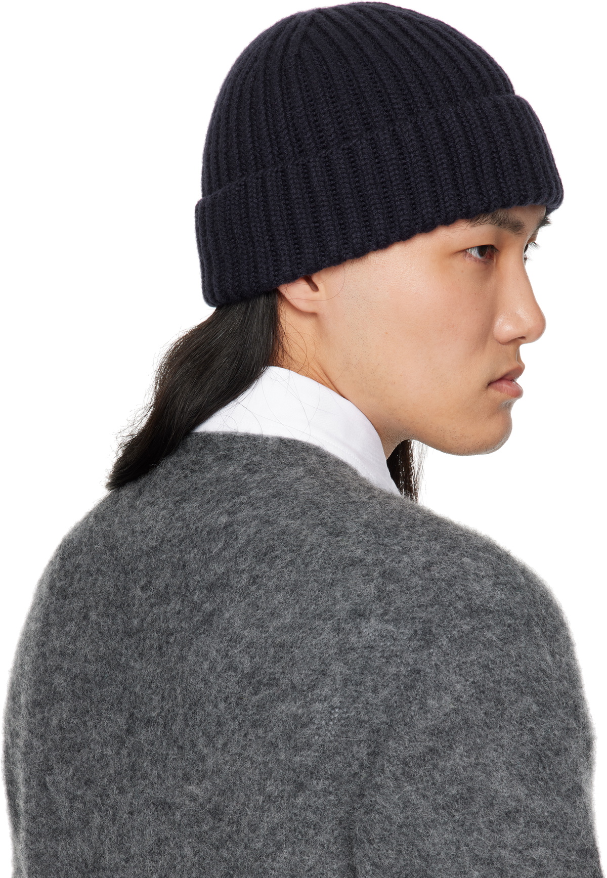 Drake's Navy Cashmere Ribbed Knit Beanie Drake's