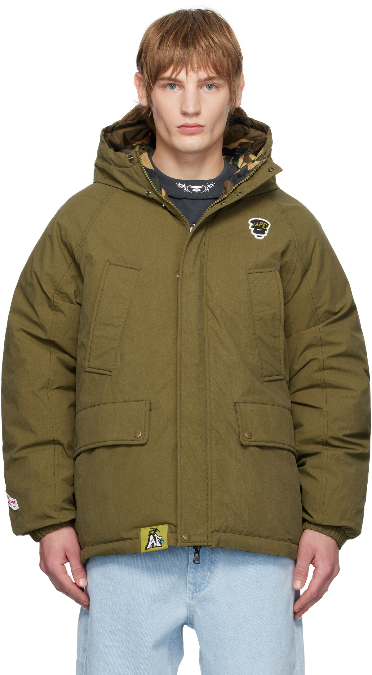 AAPE by A Bathing Ape Khaki 'AAPE' Main Reversible Down Jacket AAPE by ...
