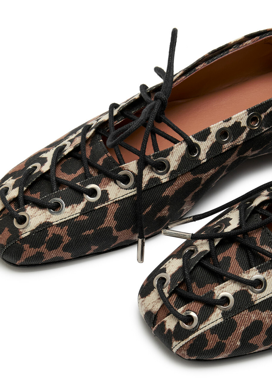 Ganni Leopard Eyelet-embellished Canvas Ballet Flats GANNI