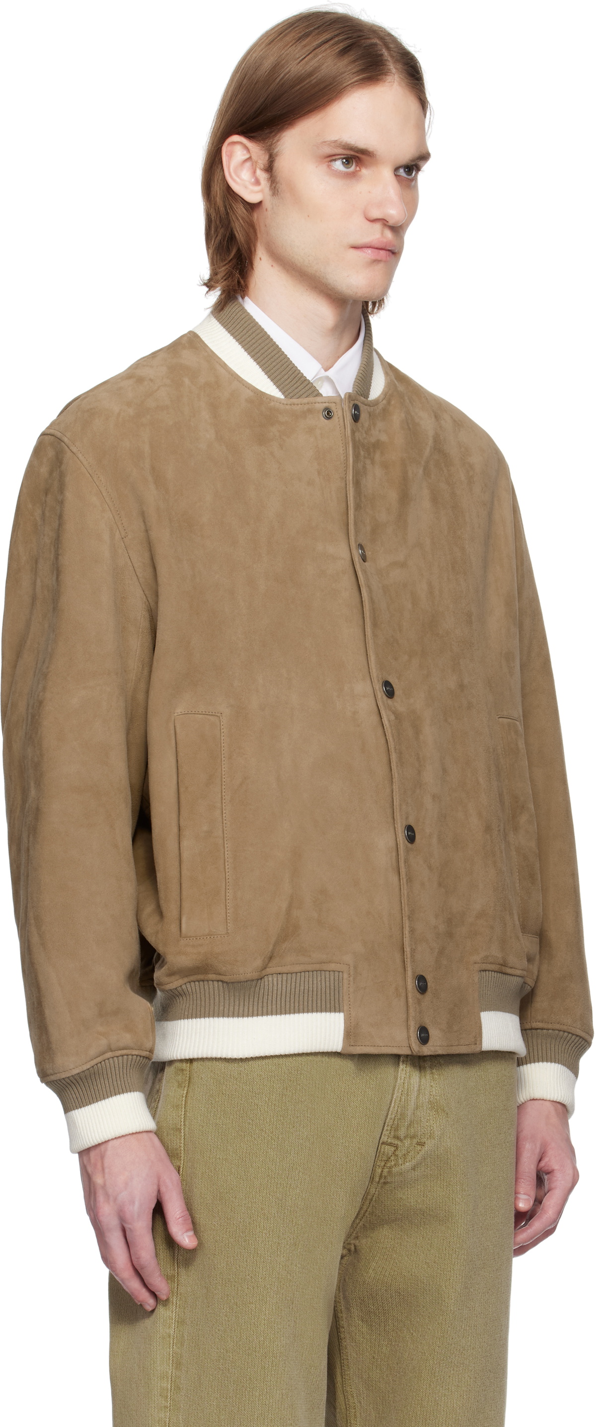Hugo Brown Ribbed-Trim Suede Bomber Jacket Hugo Boss