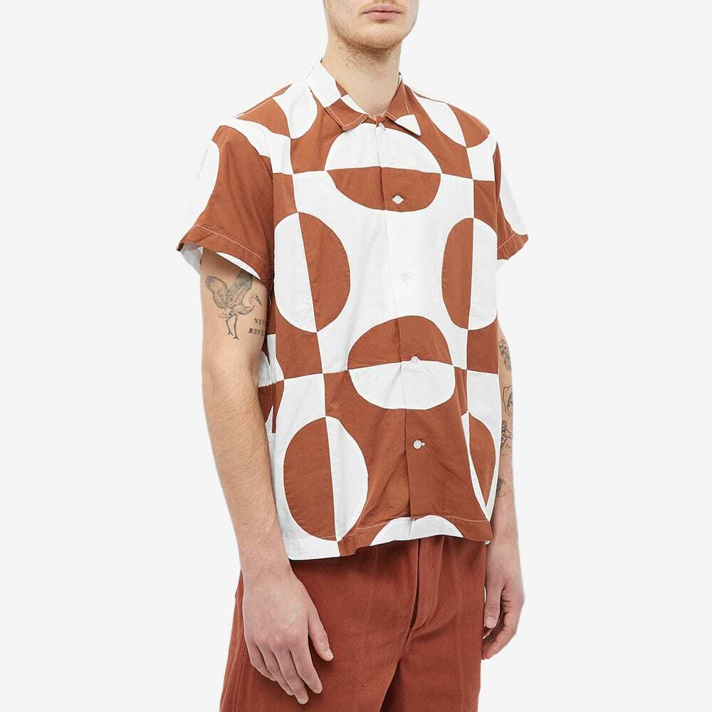 Bode Men's Duo Oval Patchwork Short Sleeve Shirt in Brown White Bode